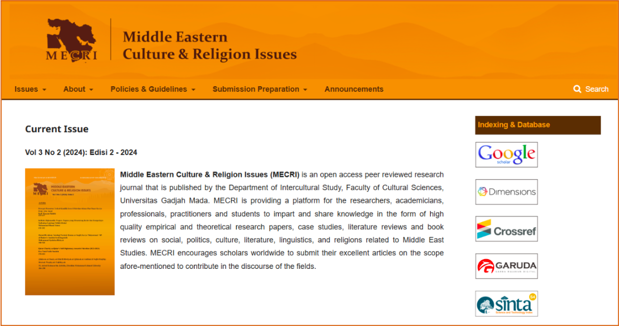 Middle Eastern Culture & Religion Issues Journal Achieves SINTA 4 Accreditation: Enhancing ...